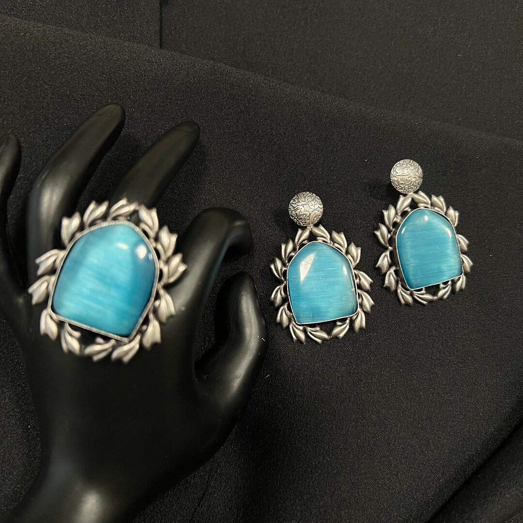 Oxidized Silver Ring and Studs Set: Blue Stone, Indian Tribal Jewelry ...