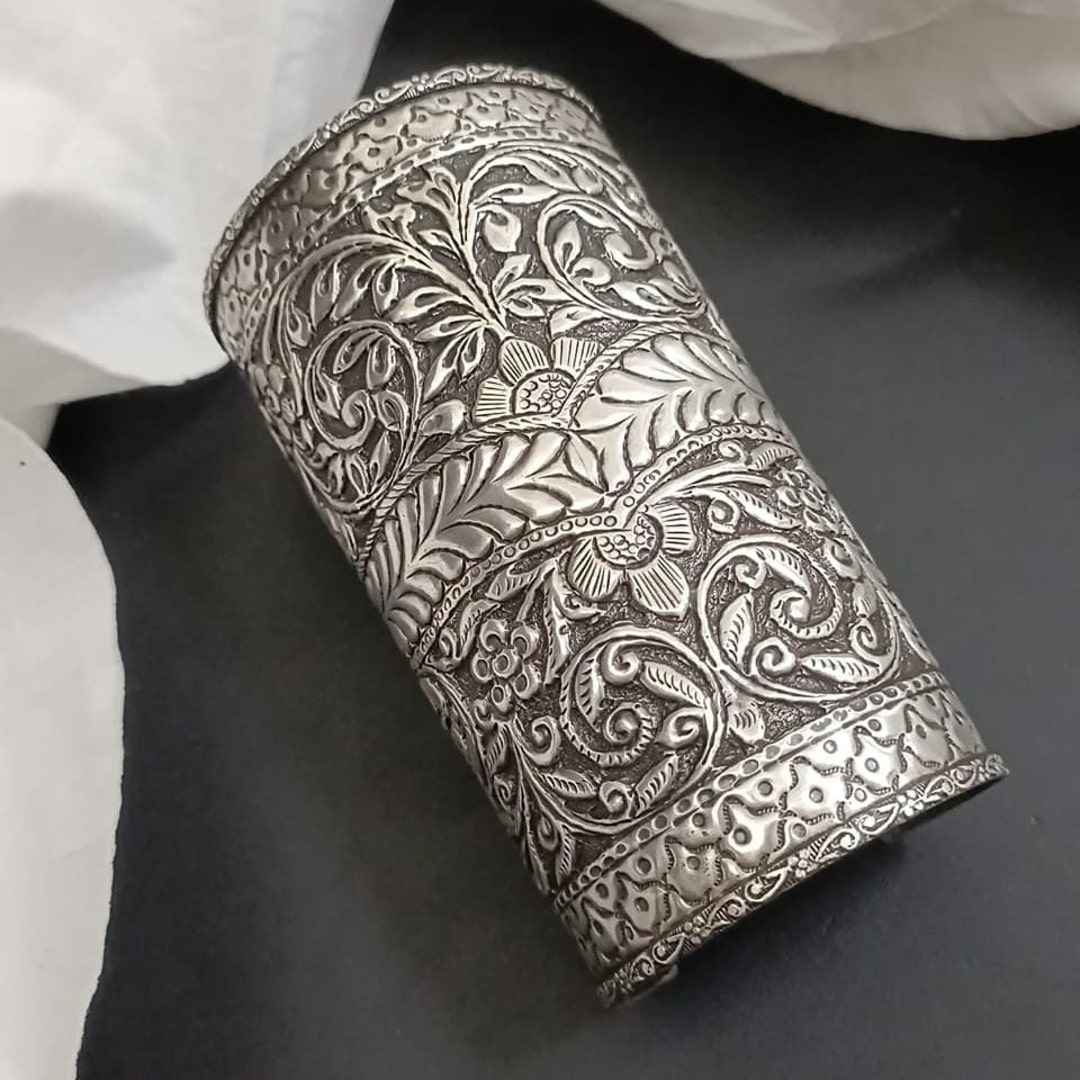 Long Oxidized Silver Cuff Bracelet / German Silver Handcarved Cuff ...
