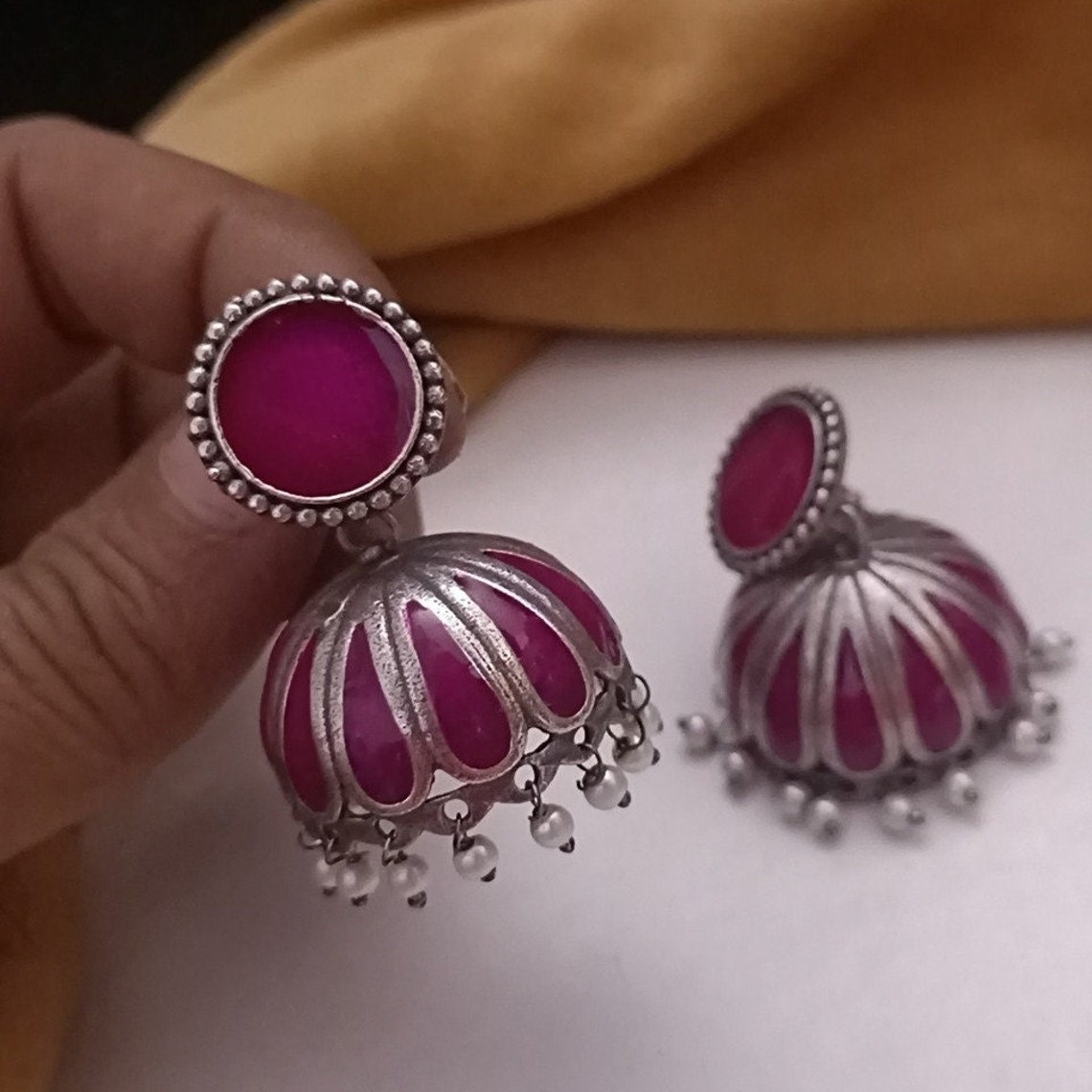 Pink Jhumka/ Majenta Meenakari Jhumka/ Oxidized Silver Jhumka Earrings ...