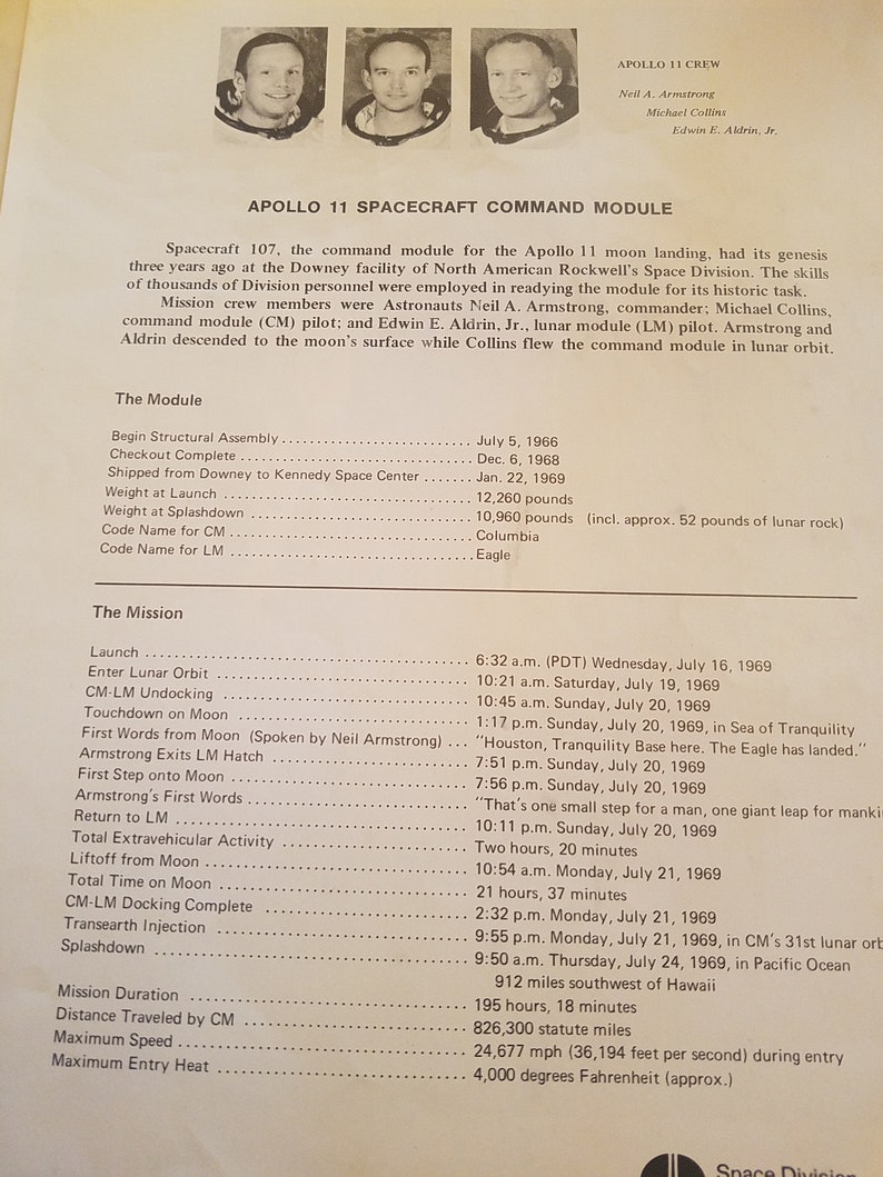 Apollo 11 Fact Sheet Etsy