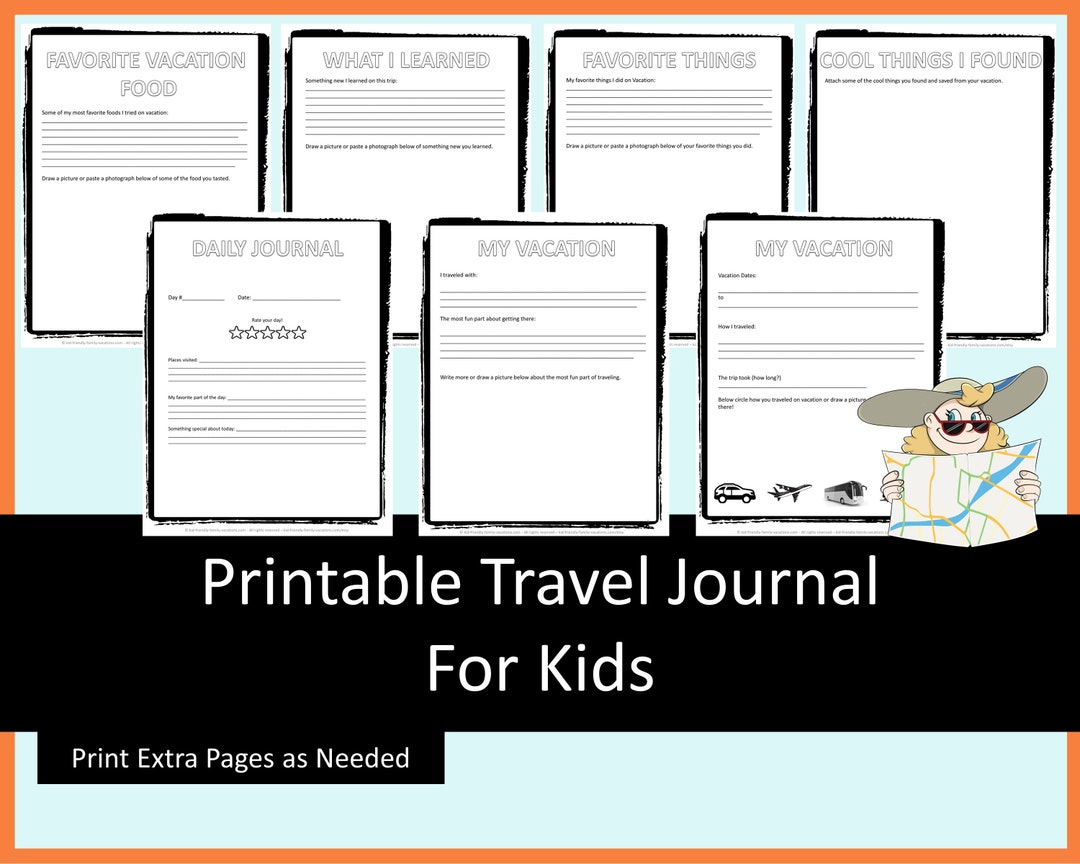 Printable Travel Journal for Kids -black, Vacation Journal Digital ...
