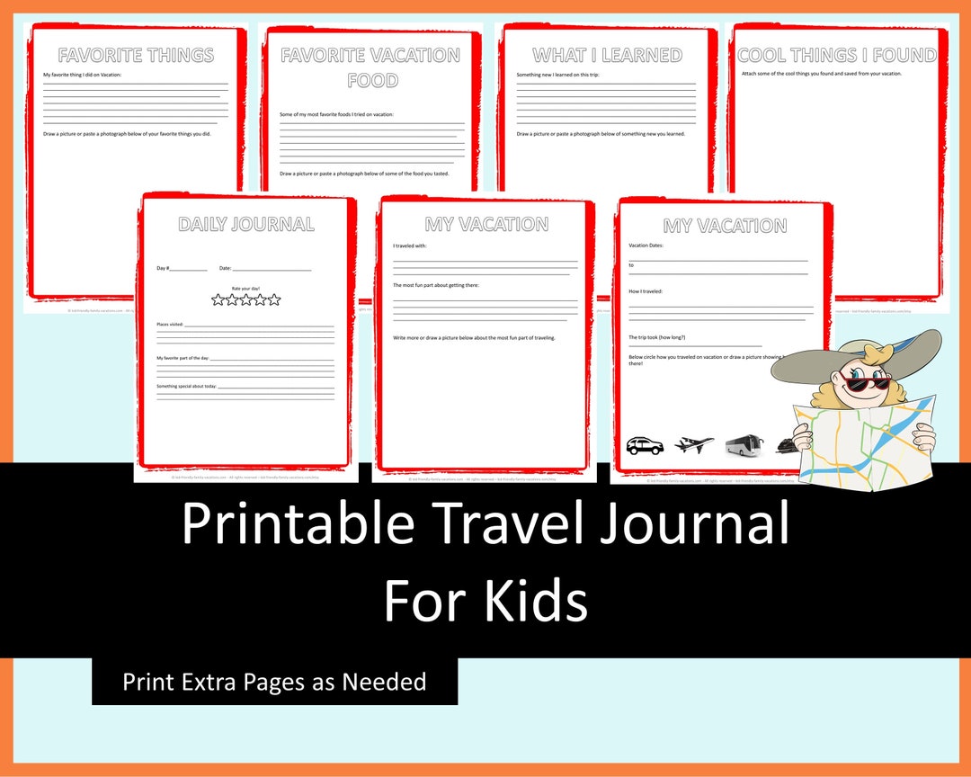 Printable Travel Journal for Kids - Red Border, Vacation Journal Pages ...