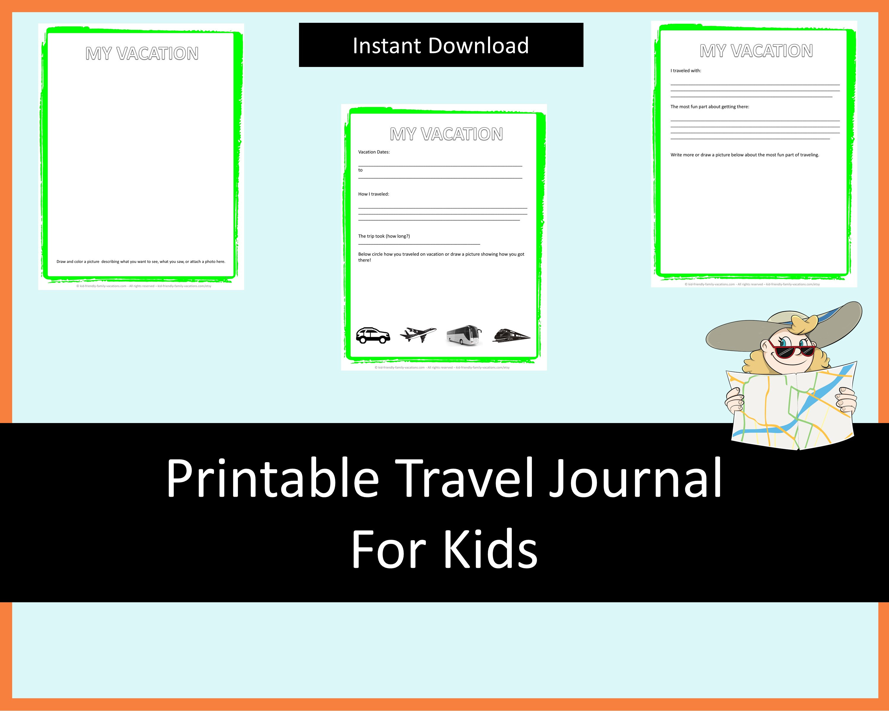 Printable Travel Journal for Kids - Green, Vacation Journal Digital ...