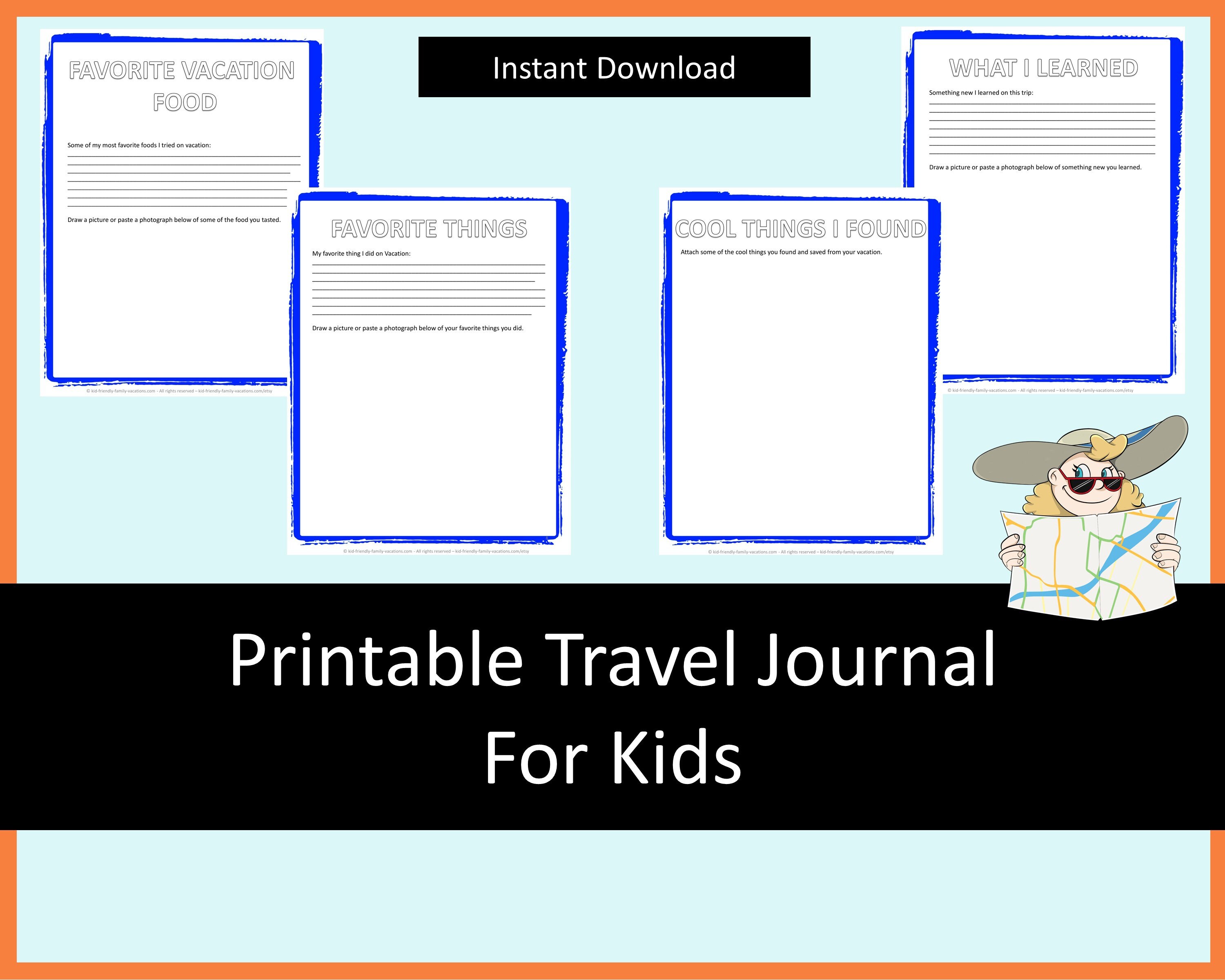 Printable Travel Journal for Kids blue, Vacation Journal Digital, Kids ...