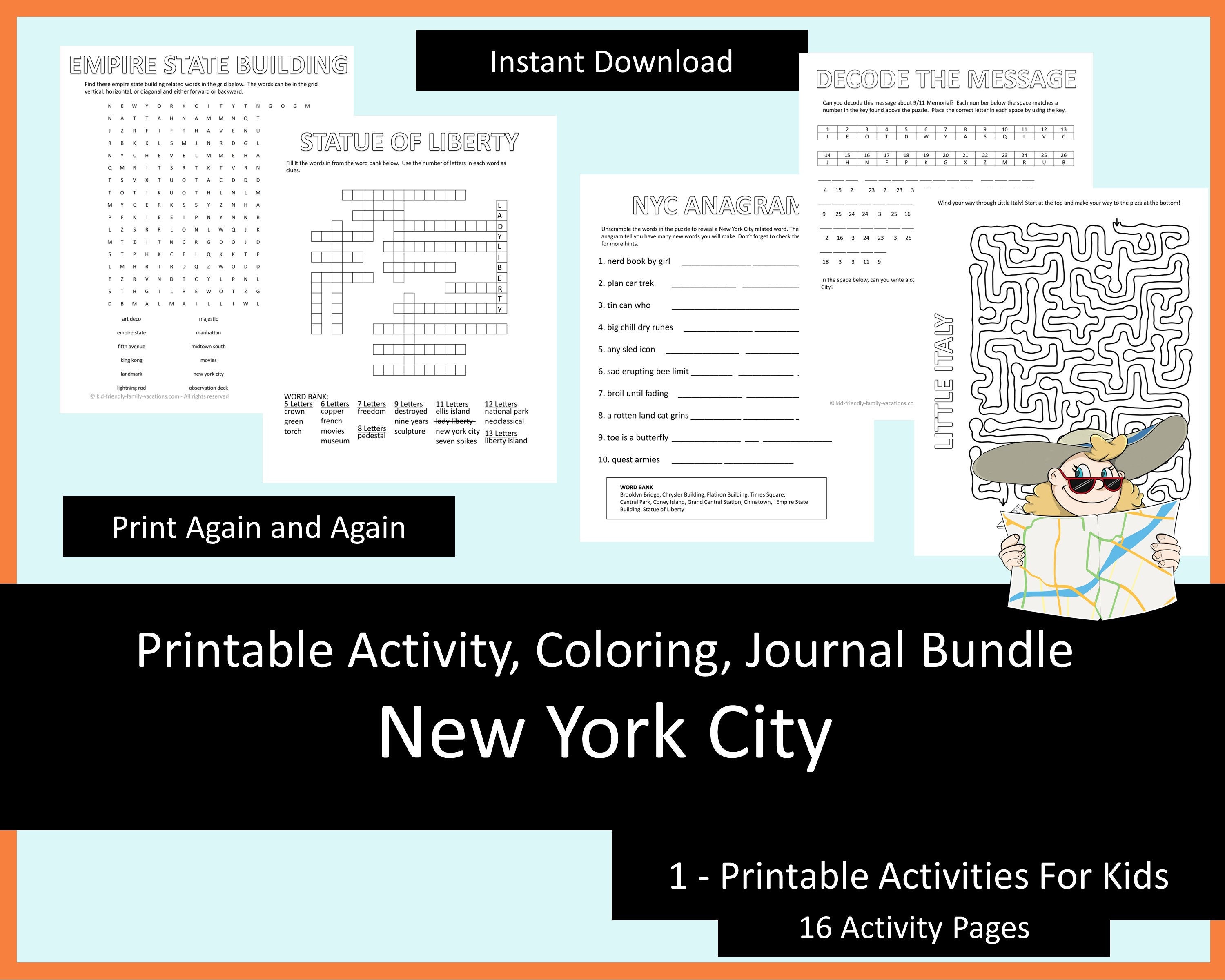 Printable Activities for Kids, Coloring Book, Journal Bundle - New York ...