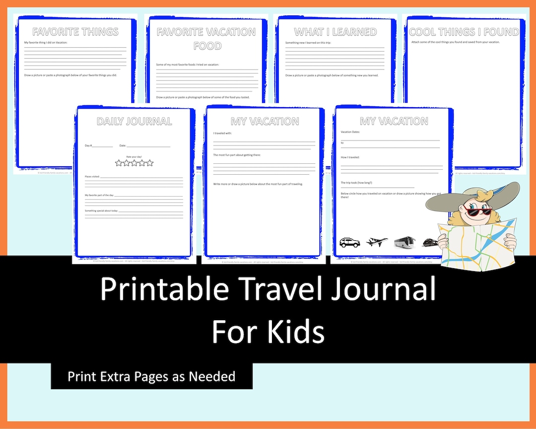 Printable Travel Journal for Kids -blue, Vacation Journal Digital, Kids ...