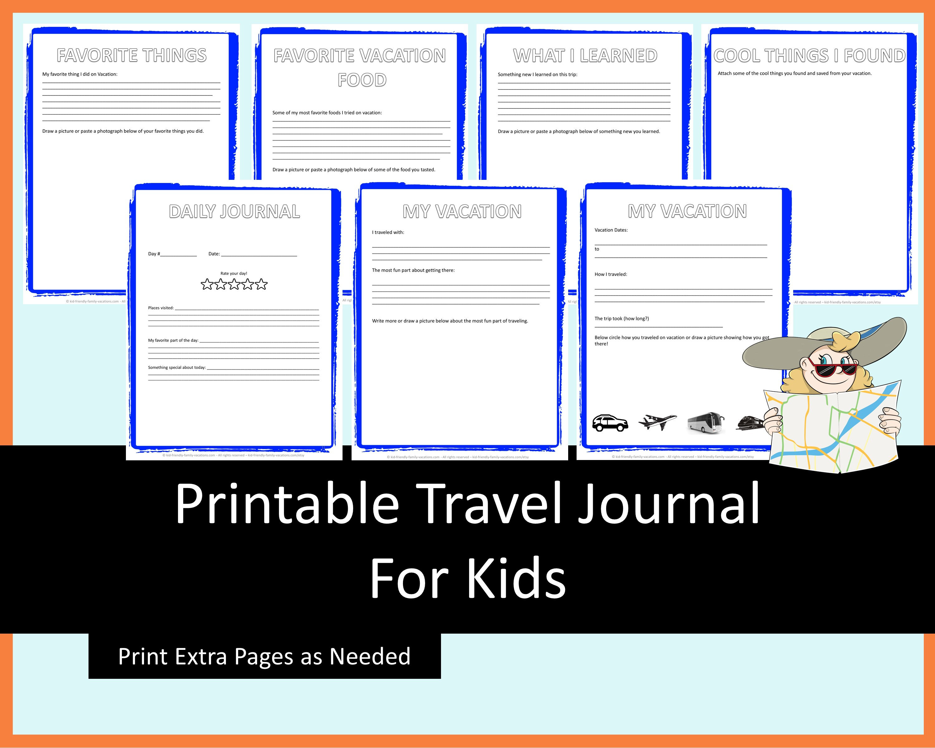 Printable Travel Journal for Kids blue, Vacation Journal Digital, Kids ...