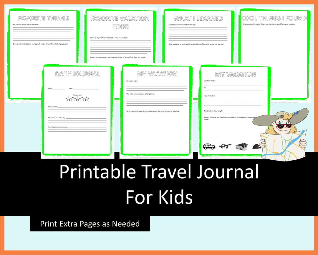 Printable Travel Journal for Kids - Green, Vacation Journal Digital ...