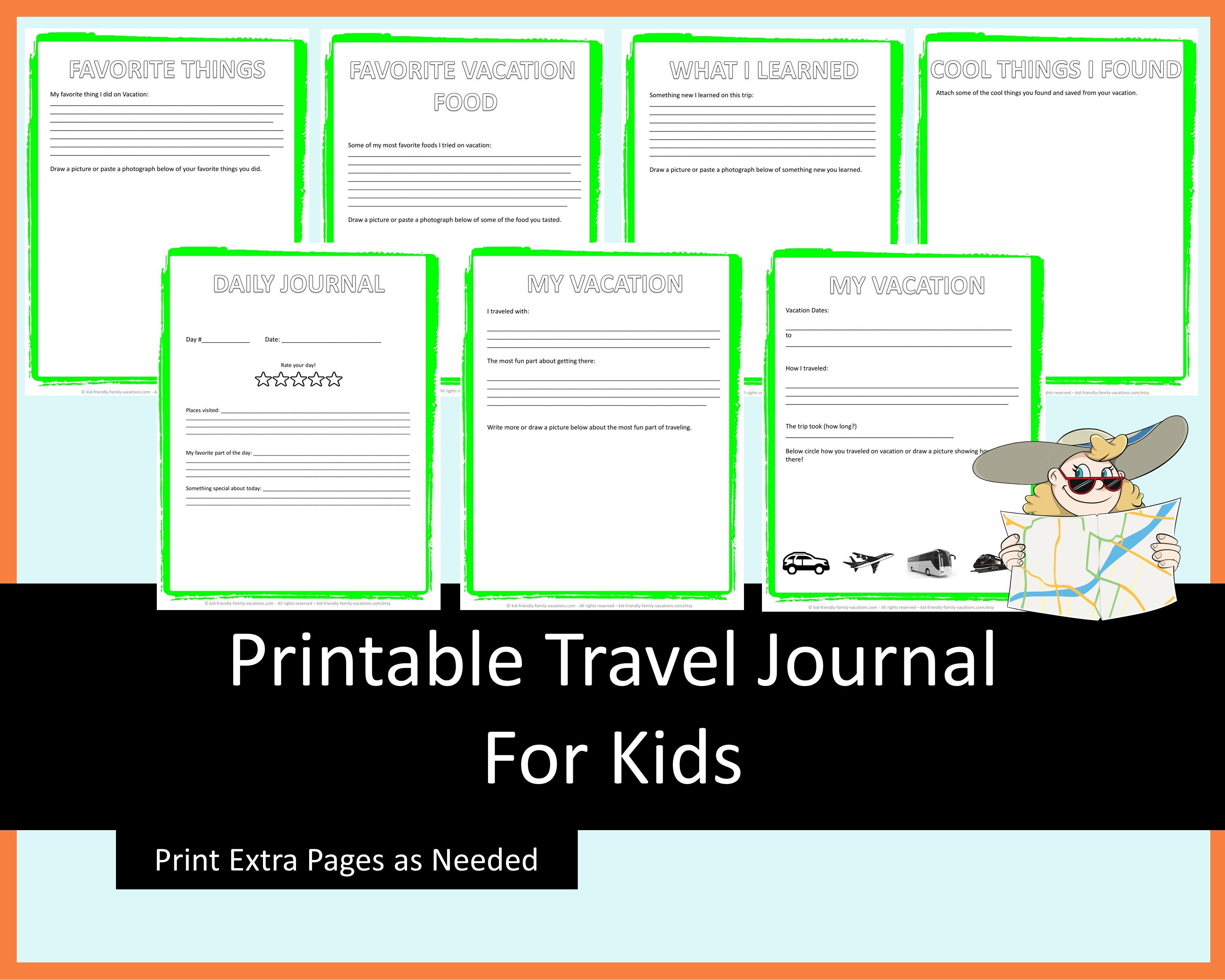 Printable Travel Journal for Kids Green, Vacation Journal Digital, Kids ...