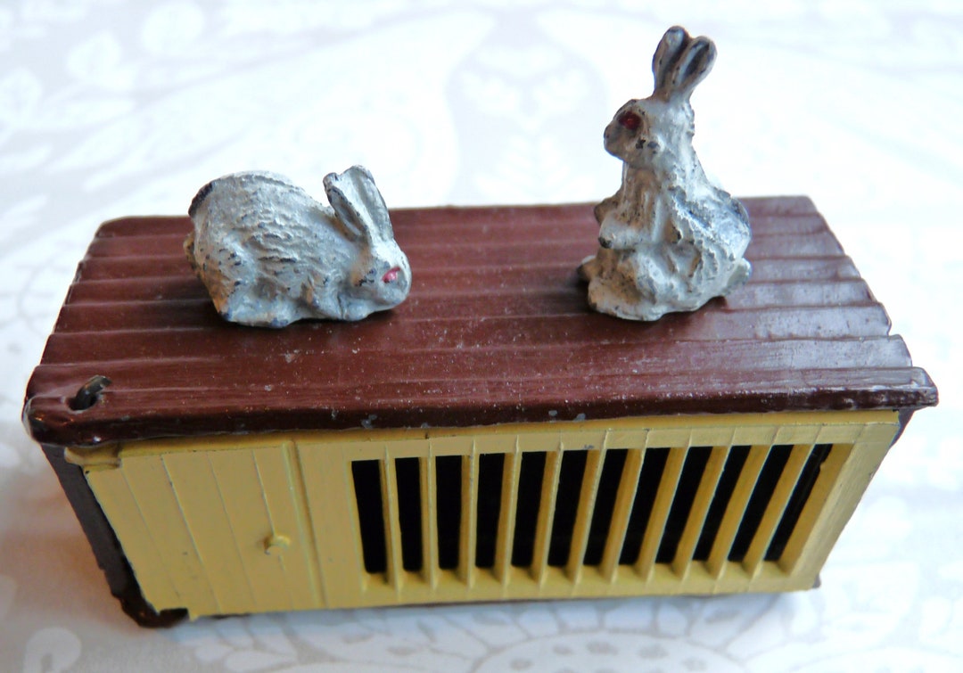 English Antique Lead Rabbit Hutch and Two Rabbits Hand Painted ...