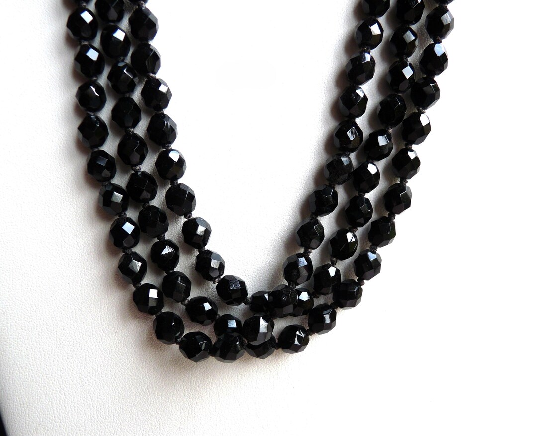 Antique Faceted Black Jet Bead Necklace Flapper Length Hand Knotted - Etsy