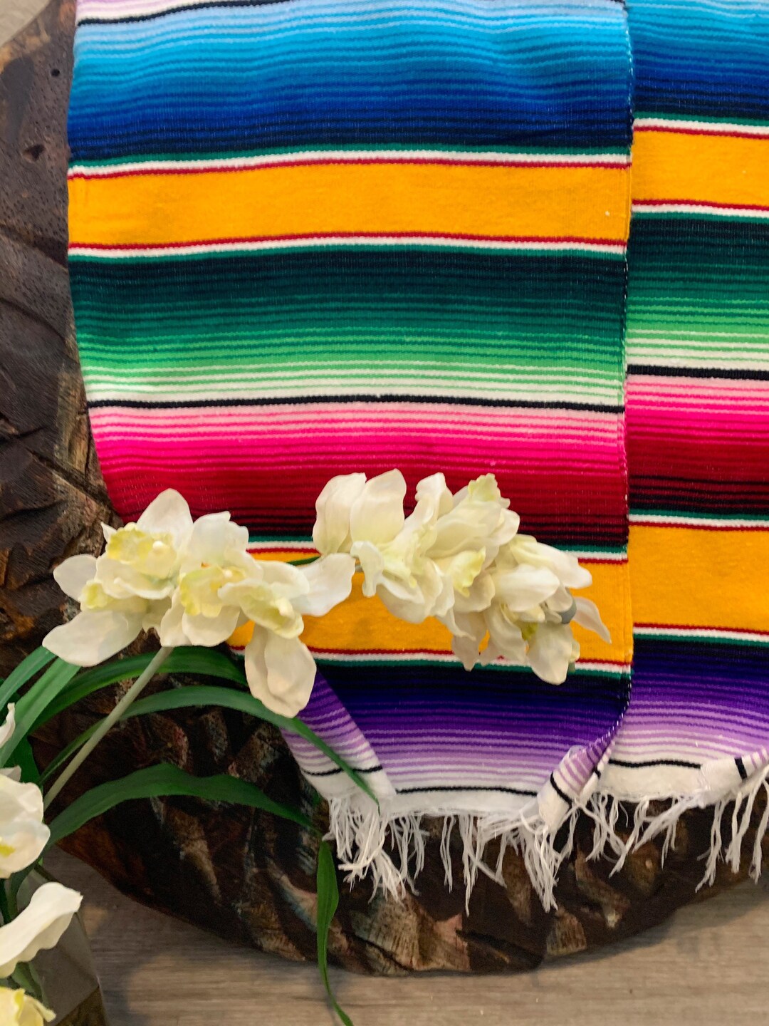 Yellow Serape Blanket Multicolored Rainbow Southwest White Fringe XL ...