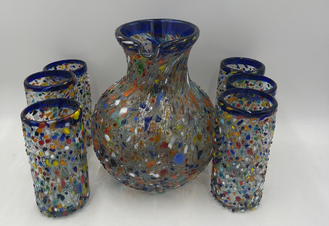 Set of 8 Beautiful Pebble Pitcher Blue Rim and 6 Pebble Glasses With ...