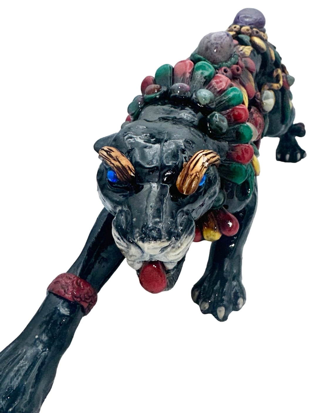 Handmade Aztec Warrior Black Panther Cat Sculpture With Blue Stone Eyes ...