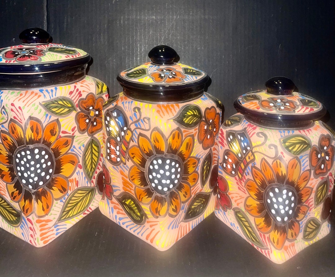 Terracotta Sunflowers Canister Set 3 Piece Black Rim and Floral Design ...