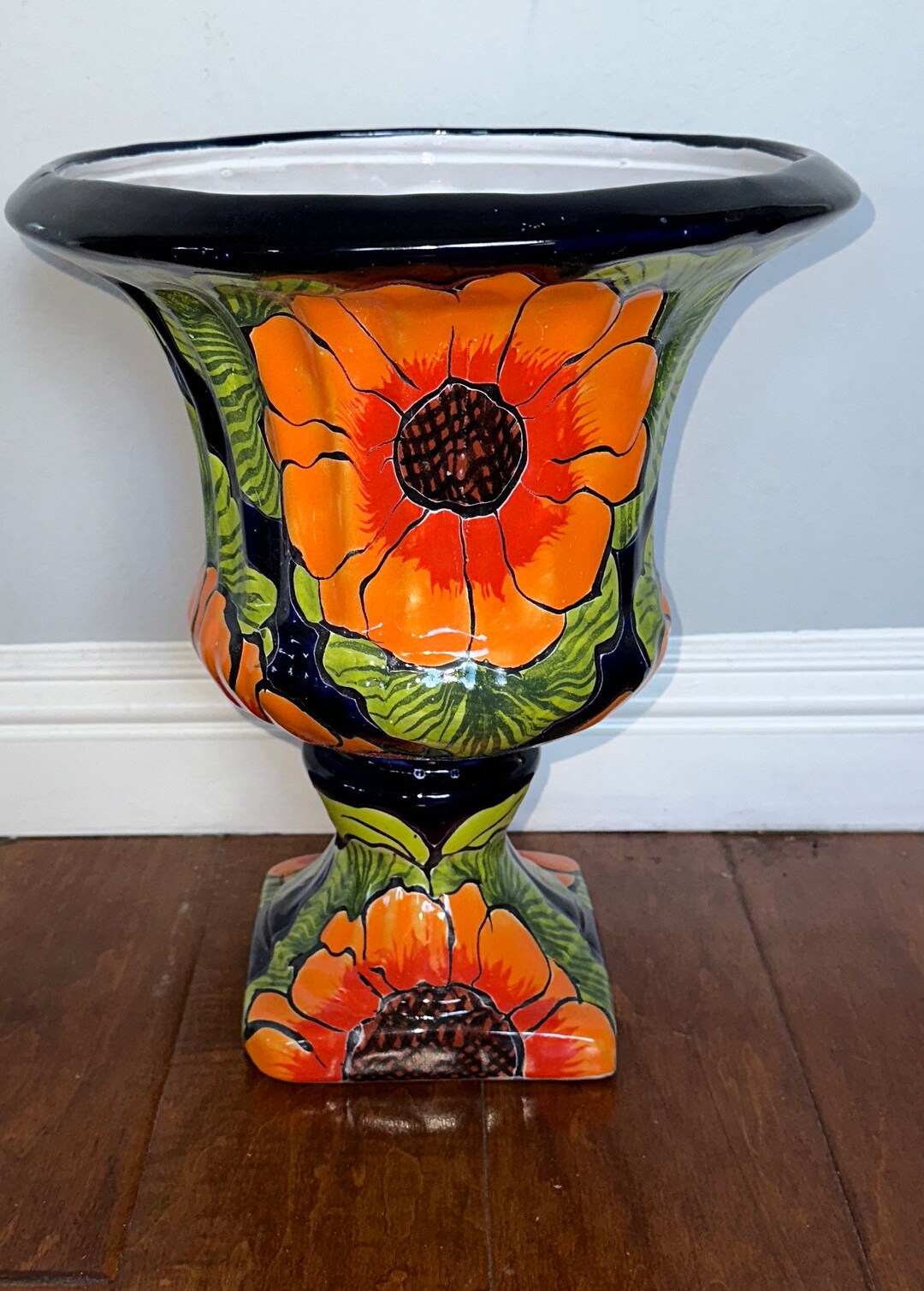 Talavera Pedestal Orange Sunflower Cobalt Blue With Green Leafs ...