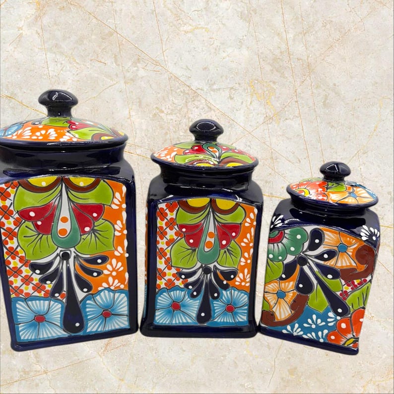 Talavera Canister Cobalt Blue Rim Muticolor 3 Piece Handcrafted Folk ...