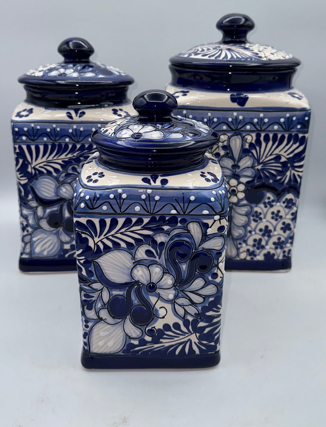 Talavera Set 3 Piece Canister Cobalt Blue and White Handcrafted Hand ...