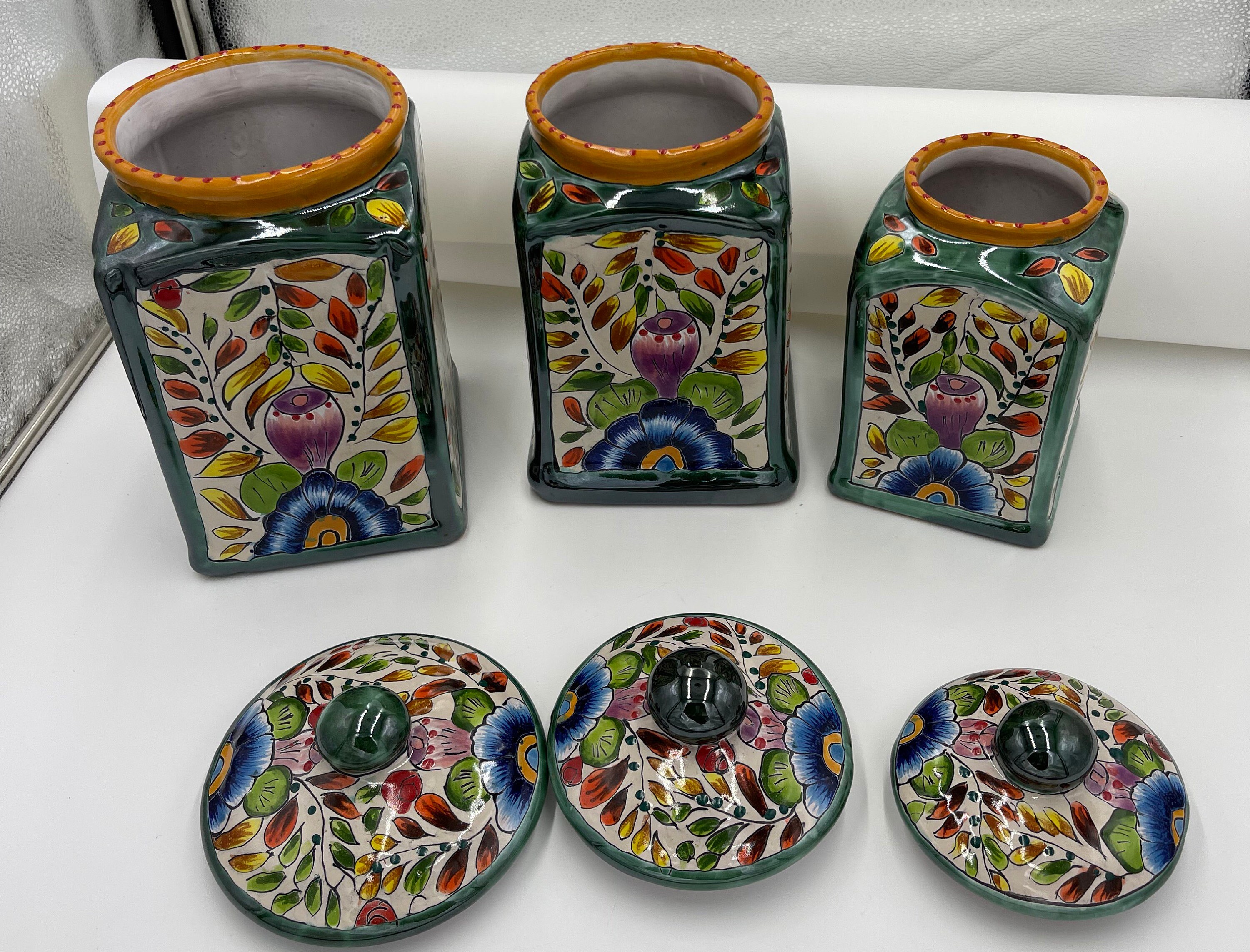 Canister Set of 3 Green Rim Talavera Kitchen Decor - Etsy
