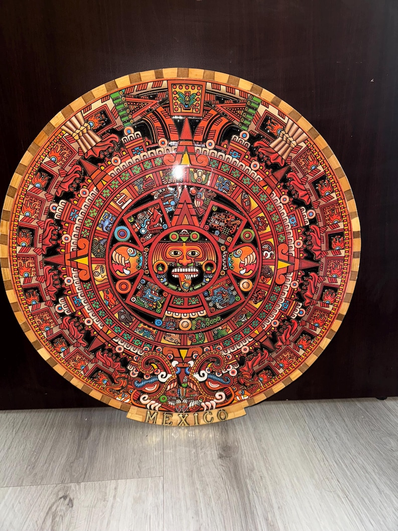 Handcrafted Colorful Aztec Calendar Wood Wall Art - Intricate Mexican ...