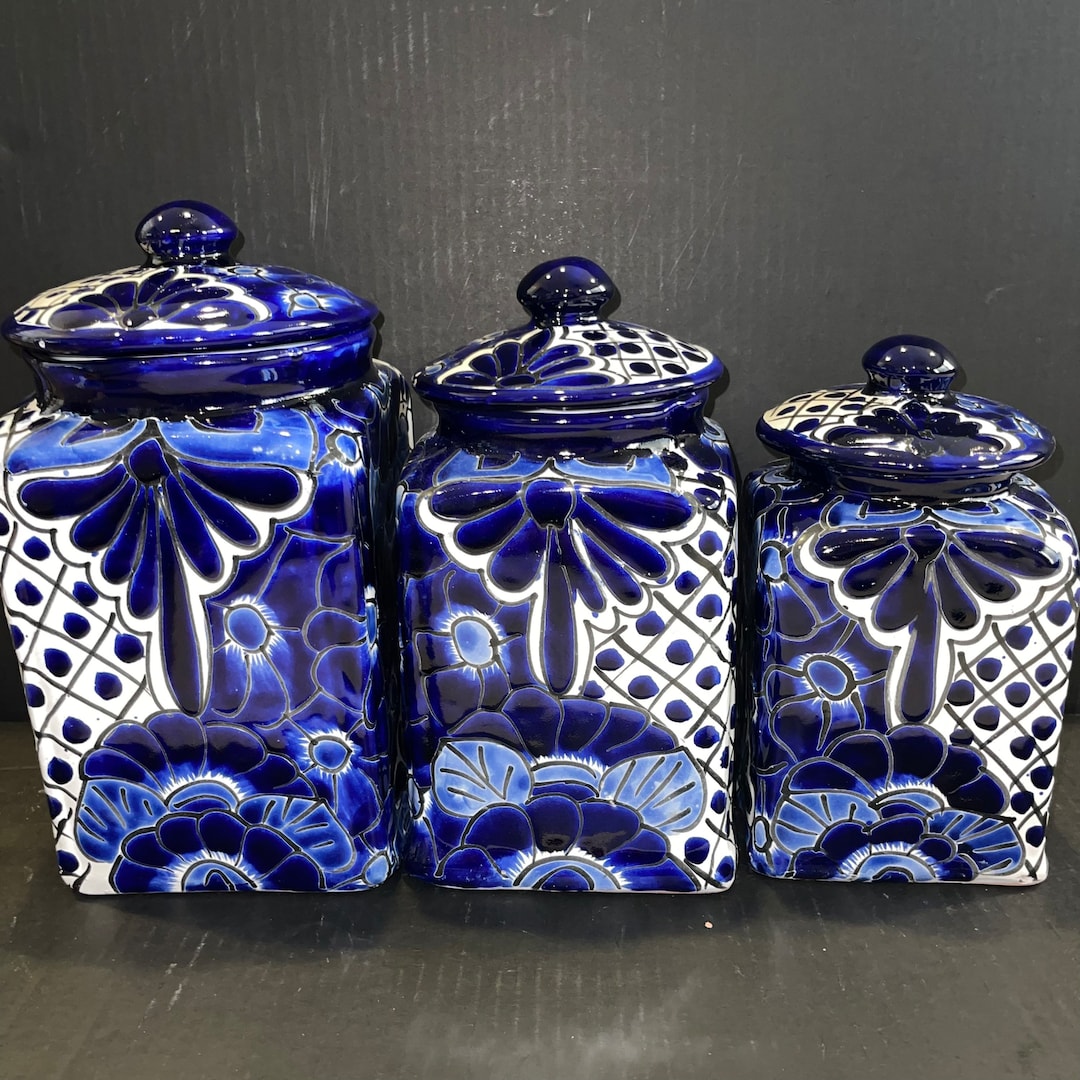 Hand-painted Canister Set: Blue and White Floral Design, Set of 3 - Etsy