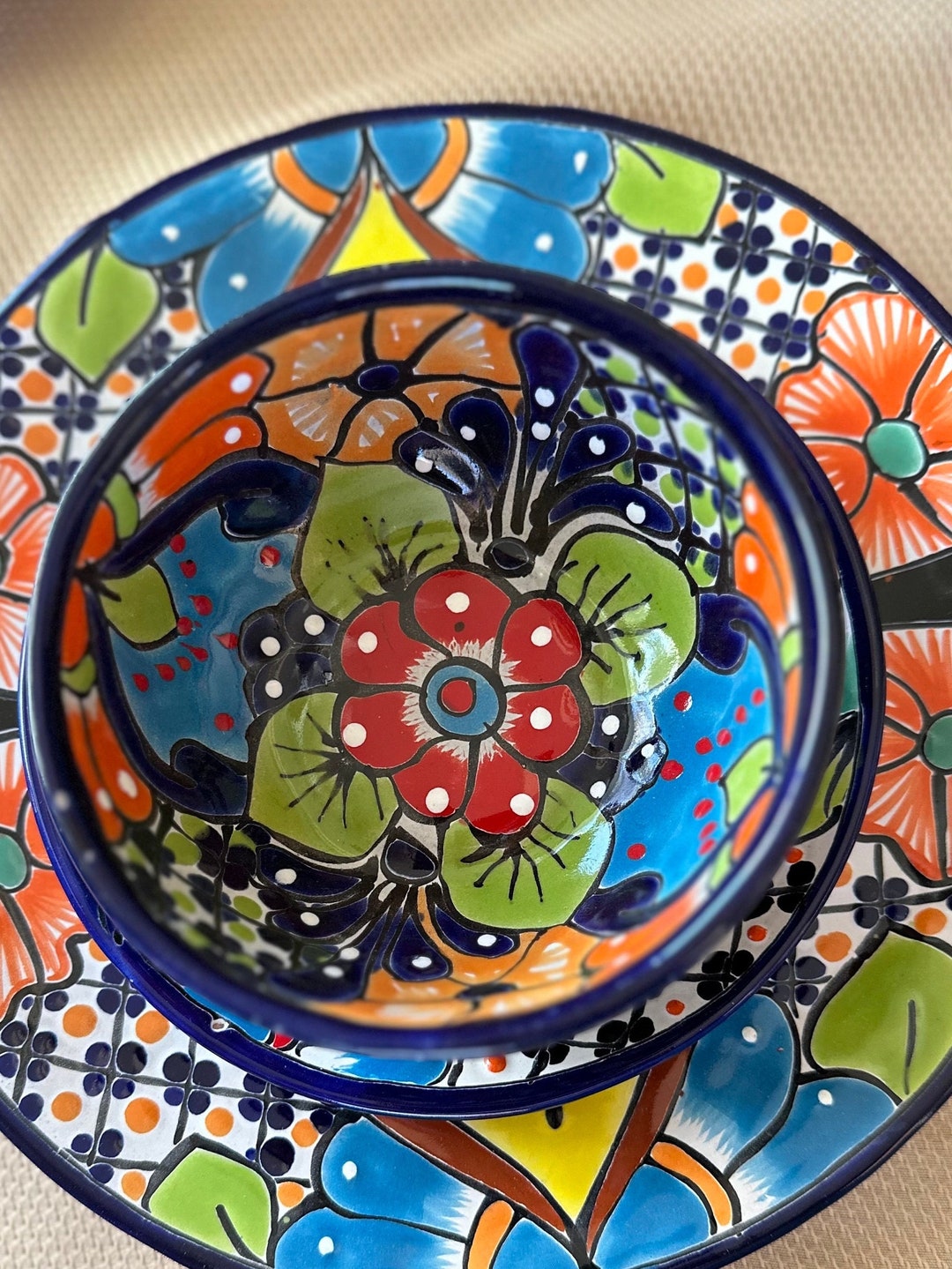 Handmade Talavera Dinnerware Set: Floral Mexican Pottery, Seating for 8 ...