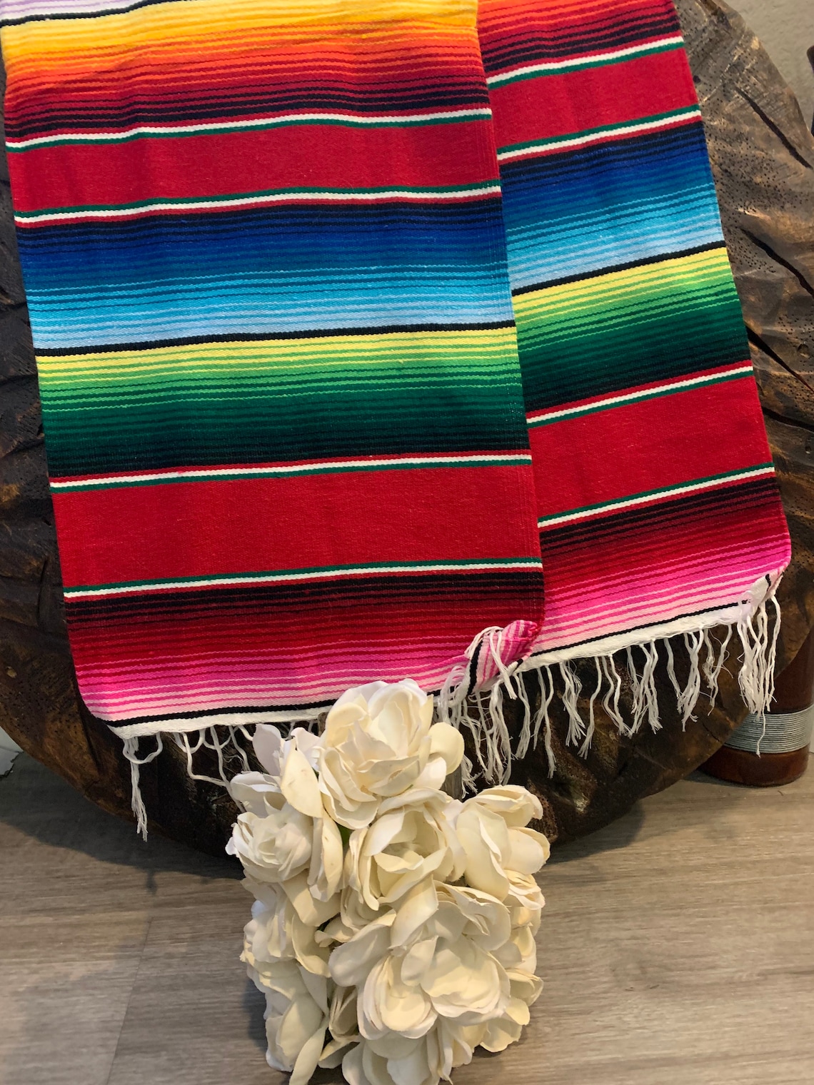 Serape Blanket: Red Multicolored Striped Falsa Blanket Handmade Mexican ...