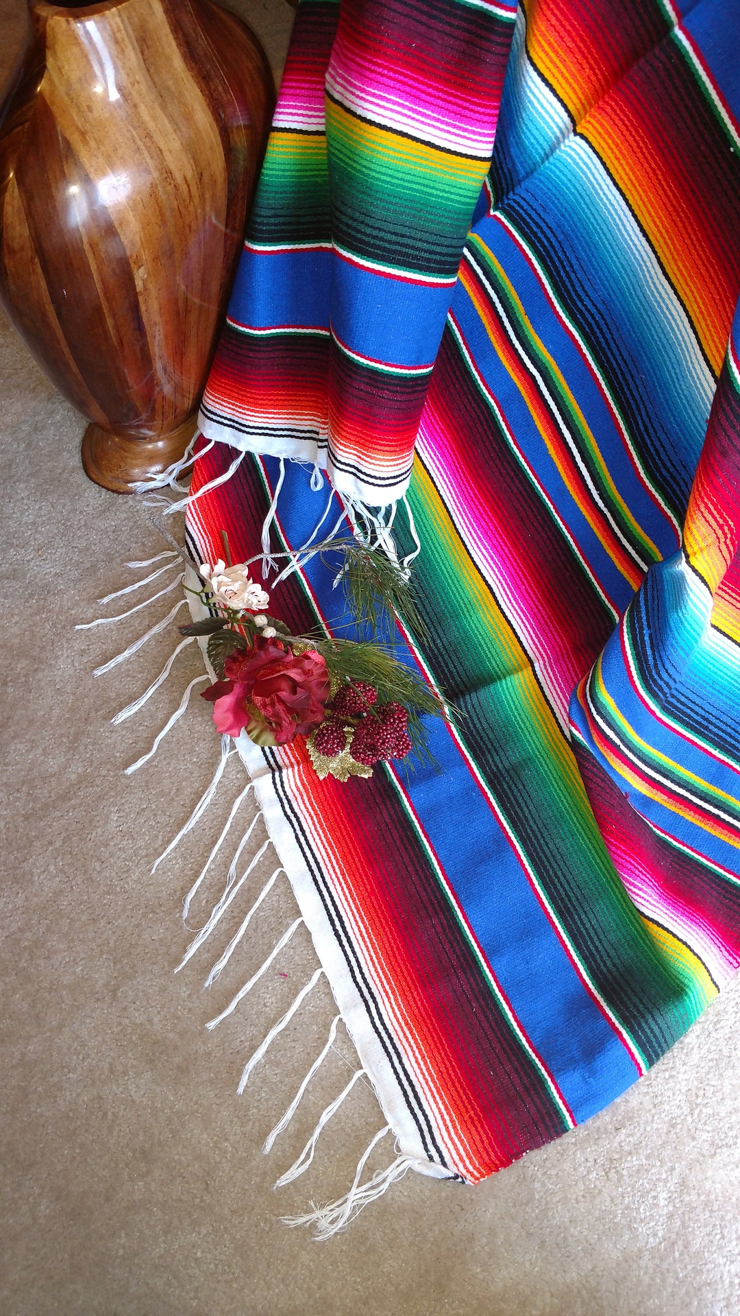 Dark Blue Saltillo Serape Blanket Multicolored Rainbow Southwest White ...
