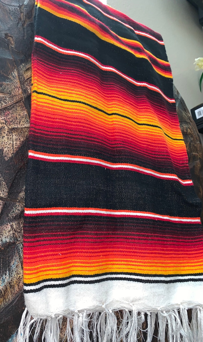 Serape Blanket: Orange Red Black Stripe, White Fringe (82"x 62") - Etsy