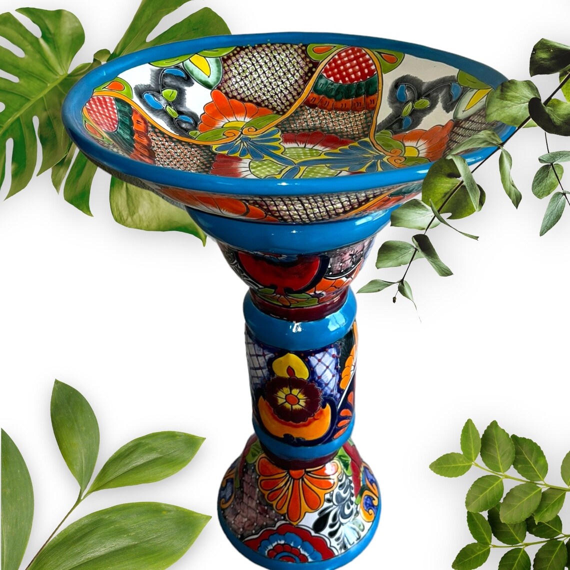 Talavera Pedestal Bird Bath Hand Painted Turquoise Blue and ...
