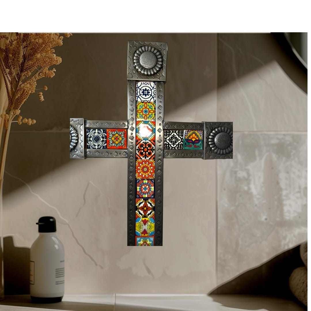 Large Metal Cross With Talavera Tile: Mexican Folk Art Wall Decor ...