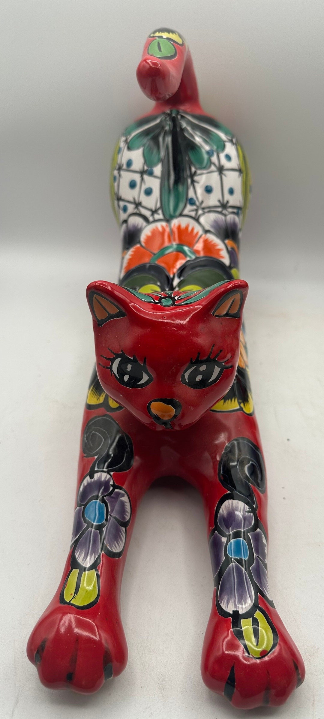 Cat Stretching Talavera Beautiful Statue Red With Multicolored Flowers ...