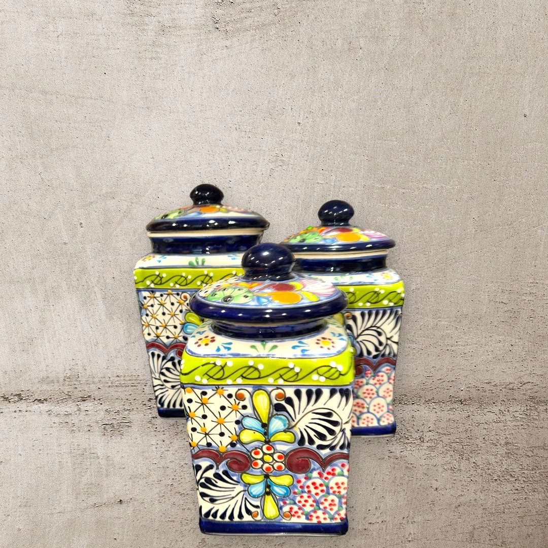 Talavera Canister Set 3 Piece Cobalt Blue With Lime Green Accent Strip ...