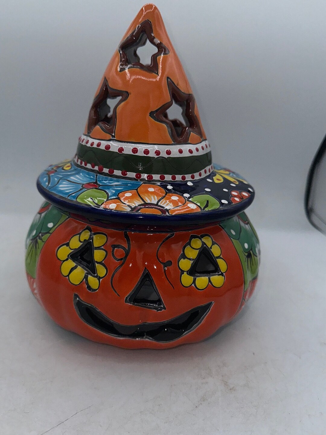 Pumpkin Talavera With Hat the Has Stars to Show the Lights Jack O Lantern Candle Holder ...