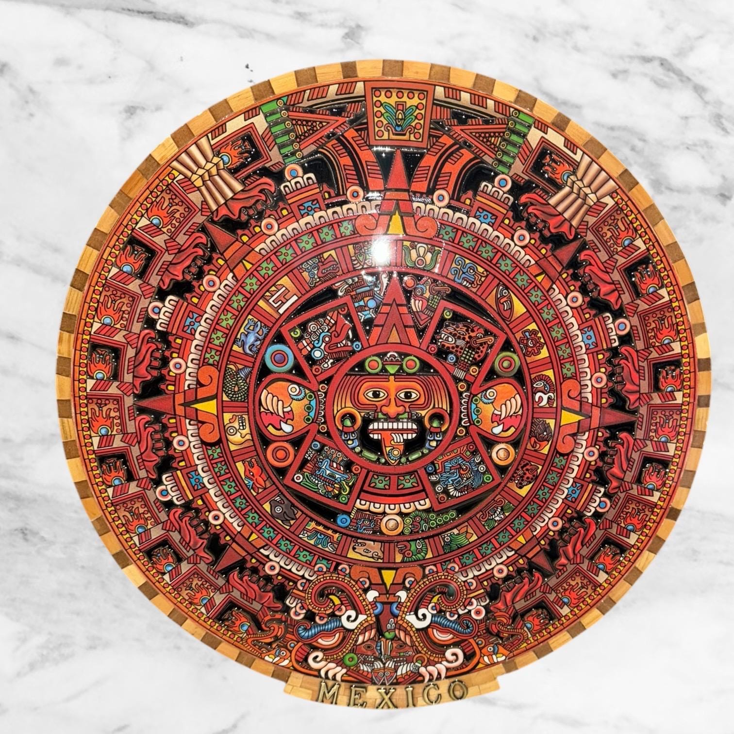 Handcrafted Colorful Aztec Calendar Wood Wall Art - Intricate Mexican ...