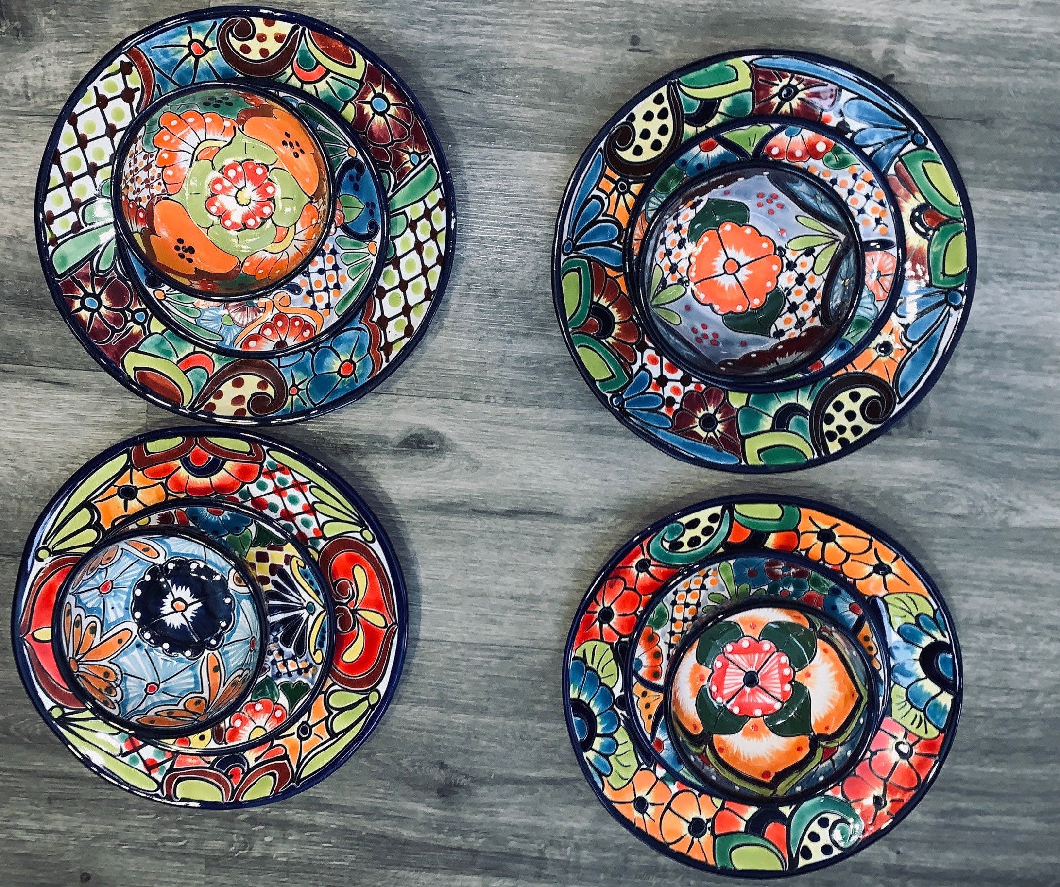 Dinnerware for 4 Mexican Talavera Vibrant Dishes With Floral - Etsy