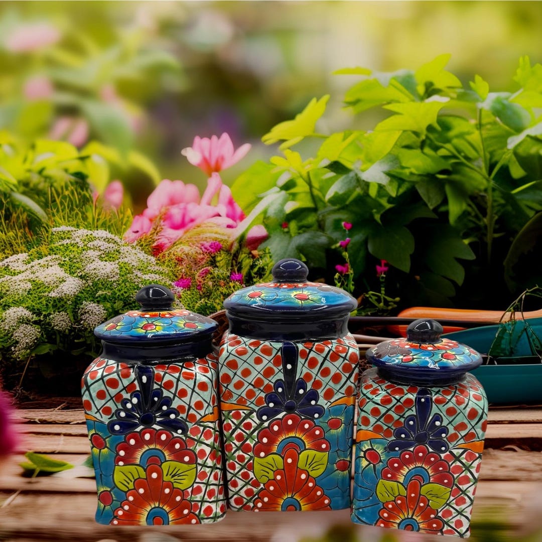 Talavera Canister Cobalt Blue Rim Muticolor 3 Piece Handcrafted Folk ...