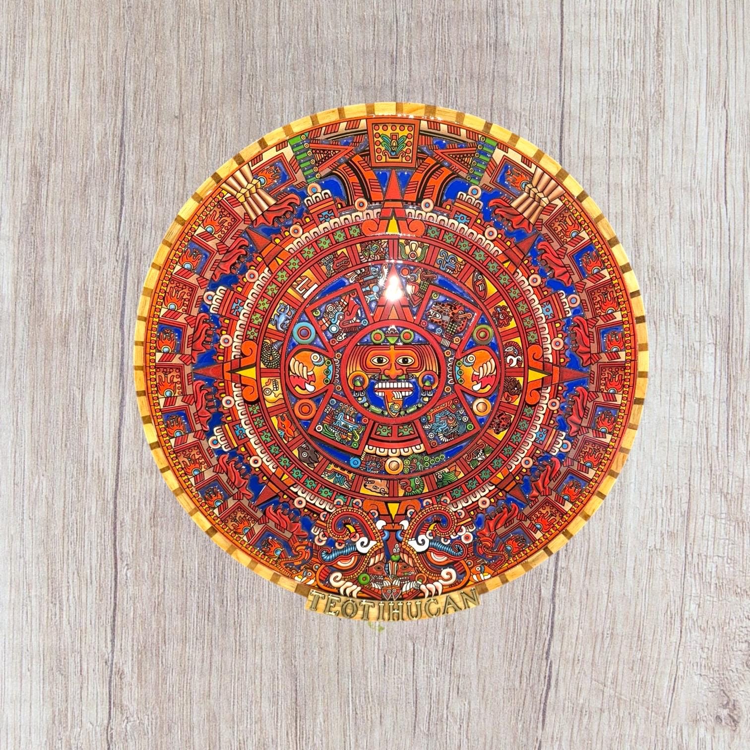 Handcrafted Colorful Aztec Calendar Wood Wall Art - Intricate Mexican ...