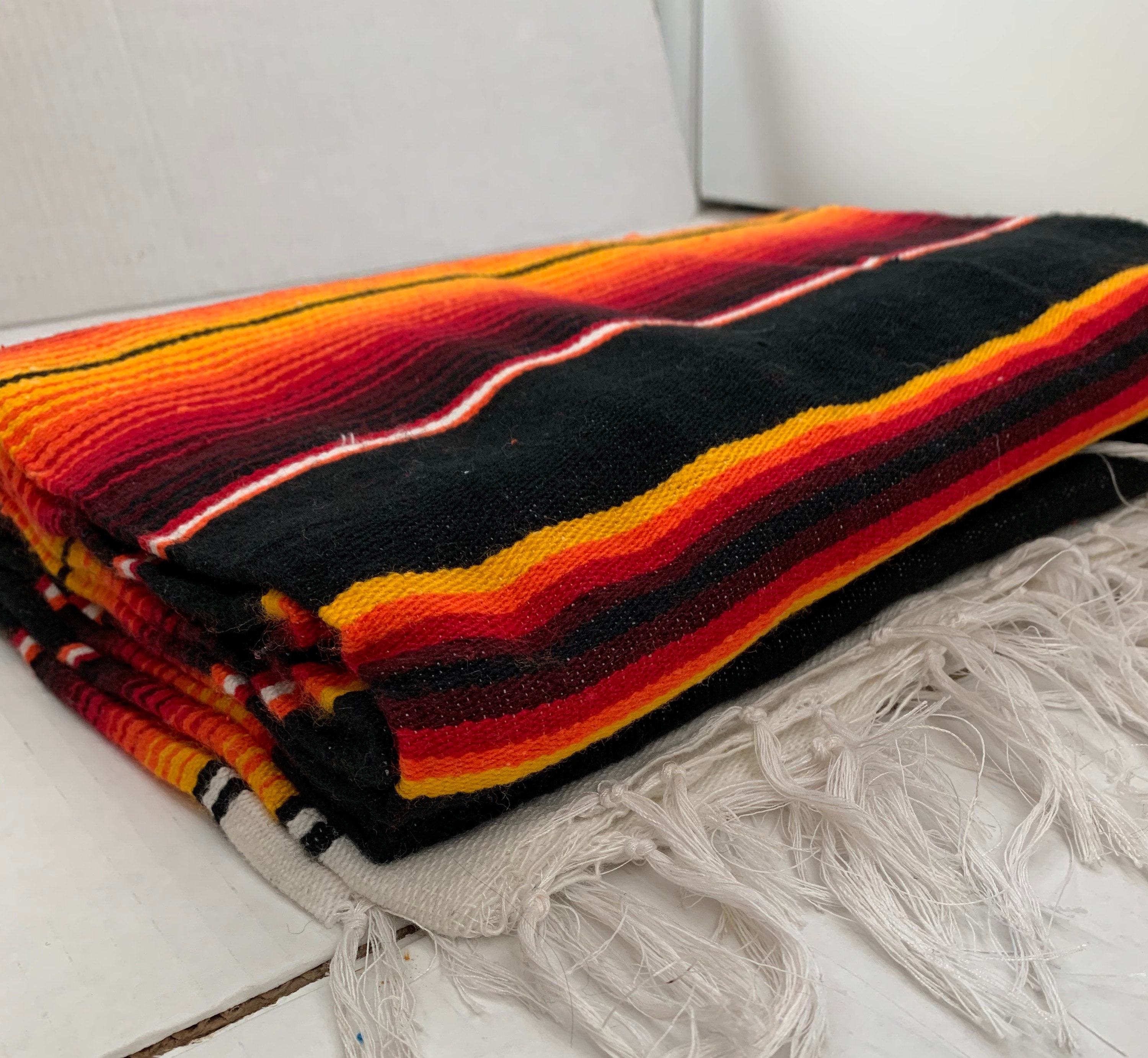 Serape Blanket: Orange Red Black Stripe, White Fringe (82"x 62") - Etsy
