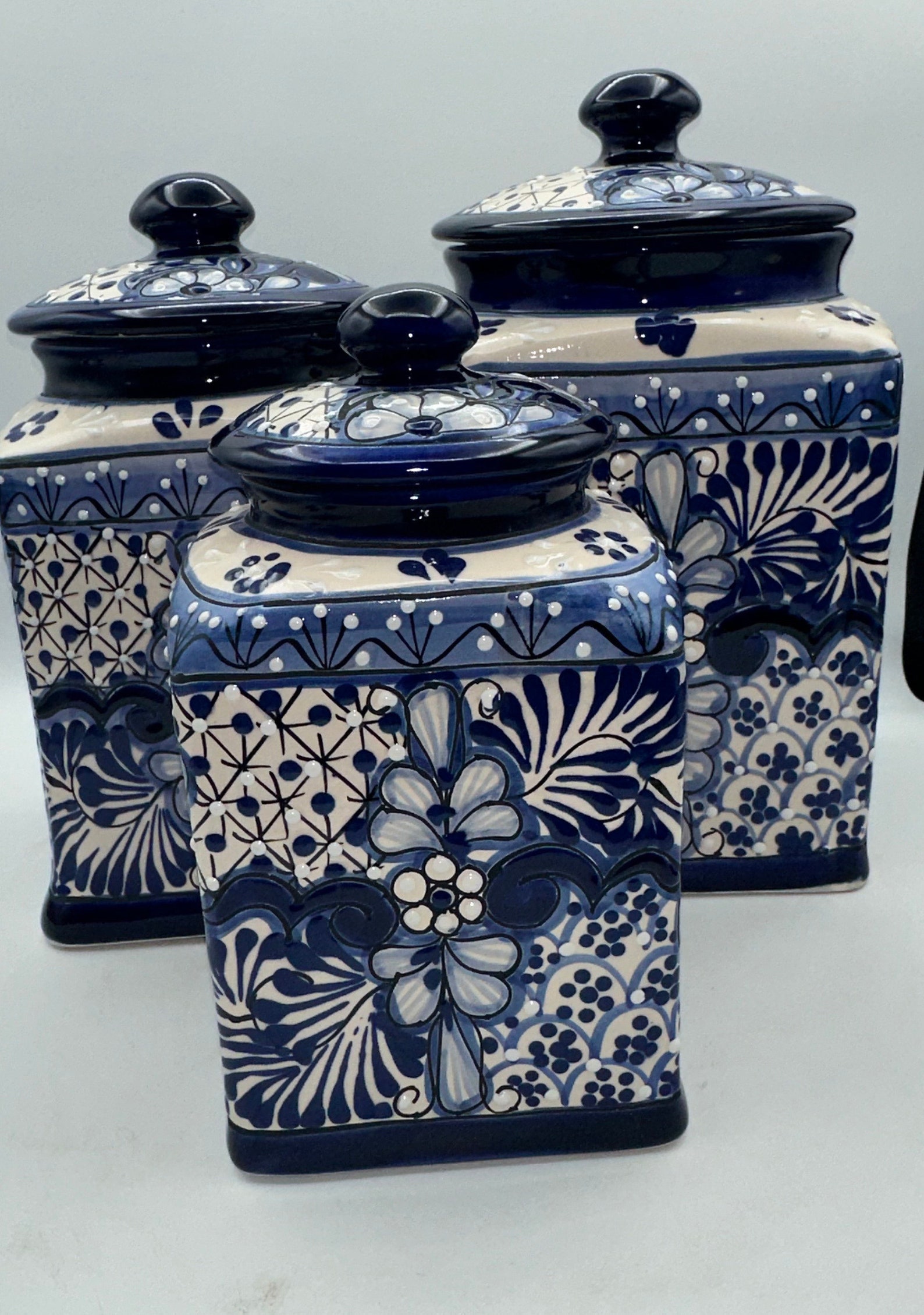 Talavera Set 3 Piece Canister Cobalt Blue and White Handcrafted Hand ...