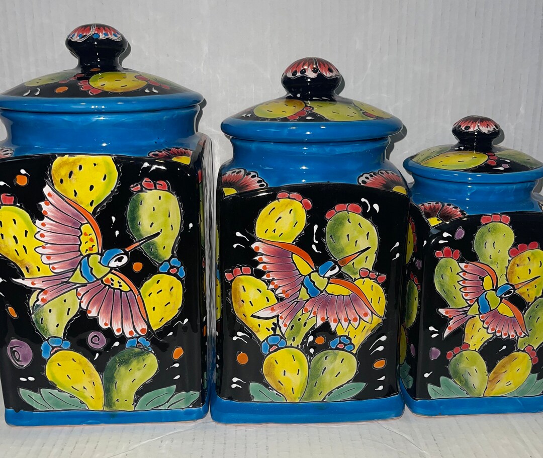 Talavera 3 Piece Canisters Set Blue With Hummingbird Multicolored ...