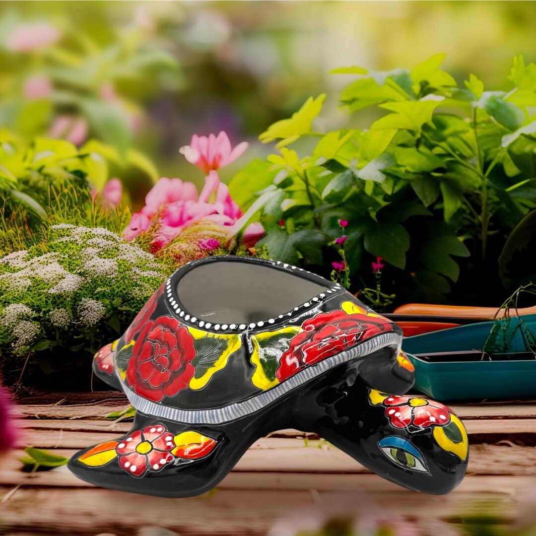 Talavera Sea Black With Red Roses Turtle Planters Beautiful Colors ...