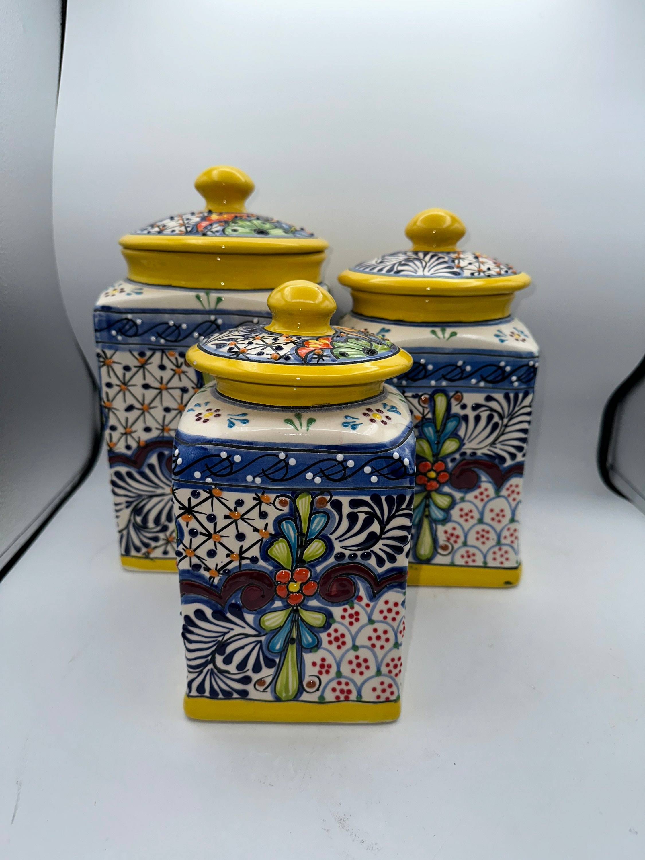 Handcrafted Talavera Canister Set: Yellow & Blue Floral, Mexican ...