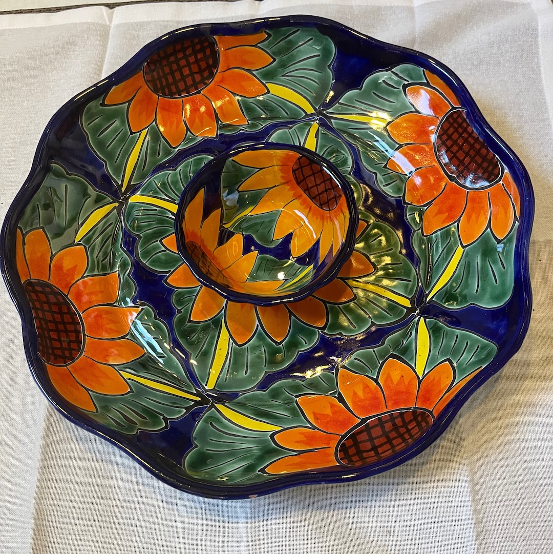 Talavera Plate Ribbon and Salsa Bowl 2 Pieces Set Sunflowers Orange L ...