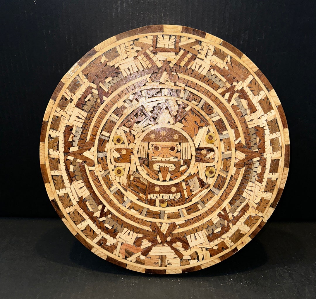 Rare Wood Calendar Hand Carved Mosaic Aztec Piece Art Unique Beautiful ...