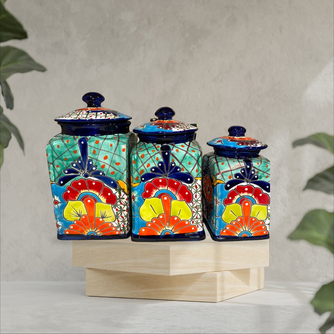 Talavera Canister Cobalt Blue Rim Muticolor 3 Piece Handcrafted Folk ...