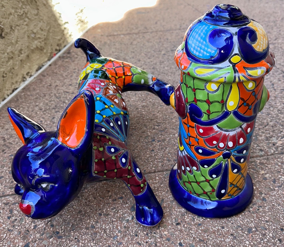 Talavera Chihuahua Dog and Fire Hydrant Statue: Multicolored Desert ...