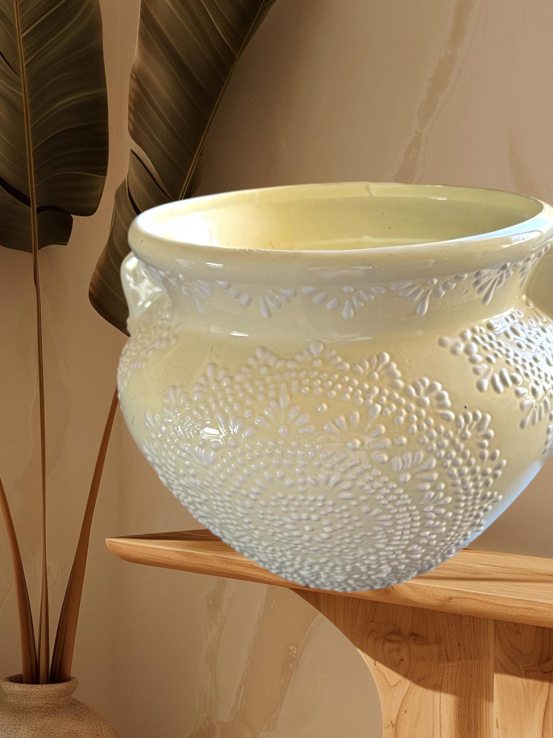 Talavera Beige Planter: Medium White Ceramic - Etsy