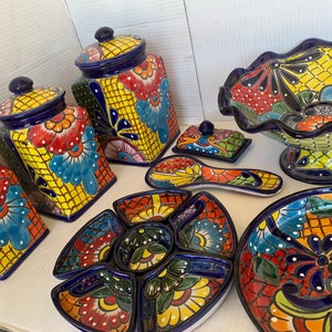 Talavera 5 Piece Set Blue Rim Multicolored Ceramic Matching 3 Canister ...