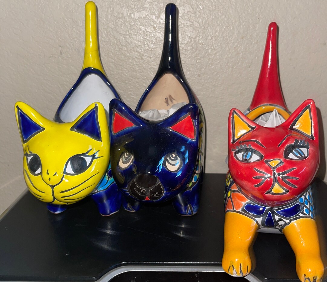 Planter Cat Talavera Medium Size Floral Painting , Hand Made Mexican ...